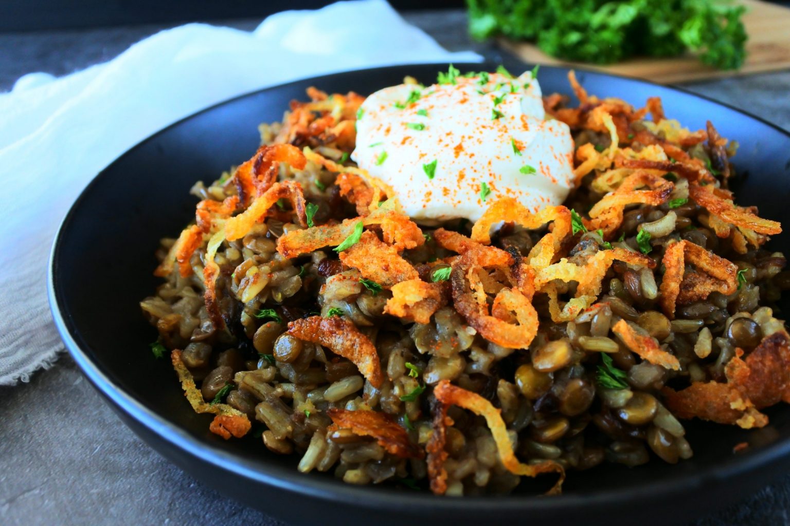 Mujadara - Rice and Lentils with Crispy Onions - Kitrusy